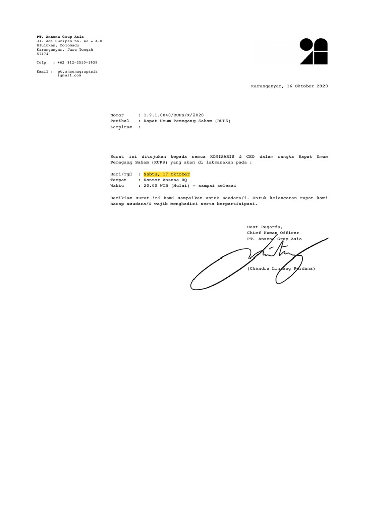 Undangan RUPS untuk Komisaris & CEO | PDF