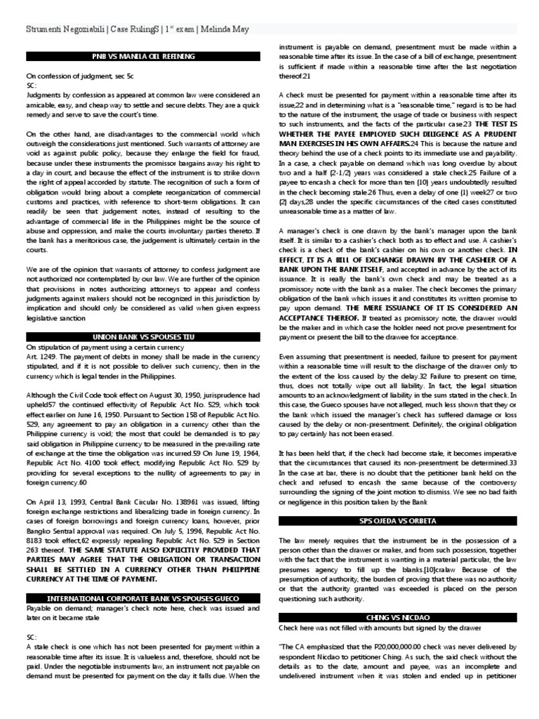Nego Cases 1st Exam | PDF | Negotiable Instrument | Cheque