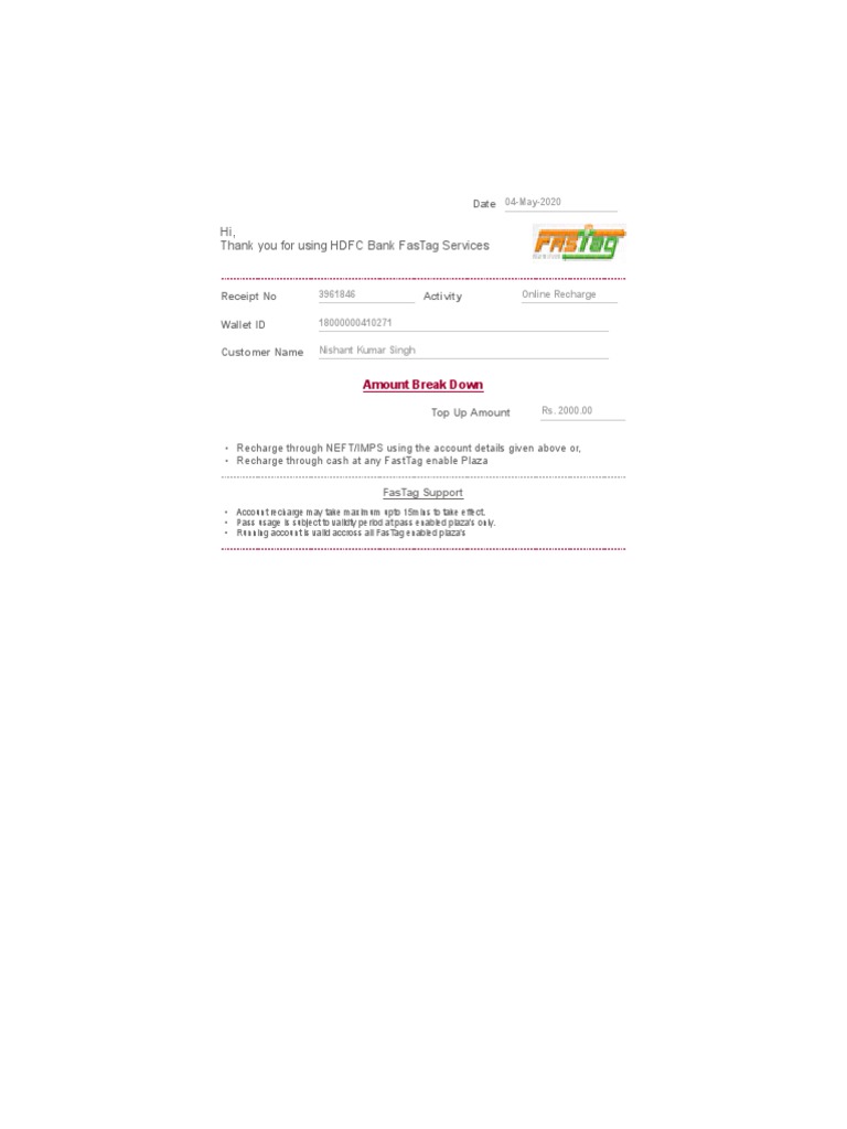 Receipt for a Rs. 2000 online recharge of an HDFC Bank Fastag wallet with ID 18000000410271 for ...