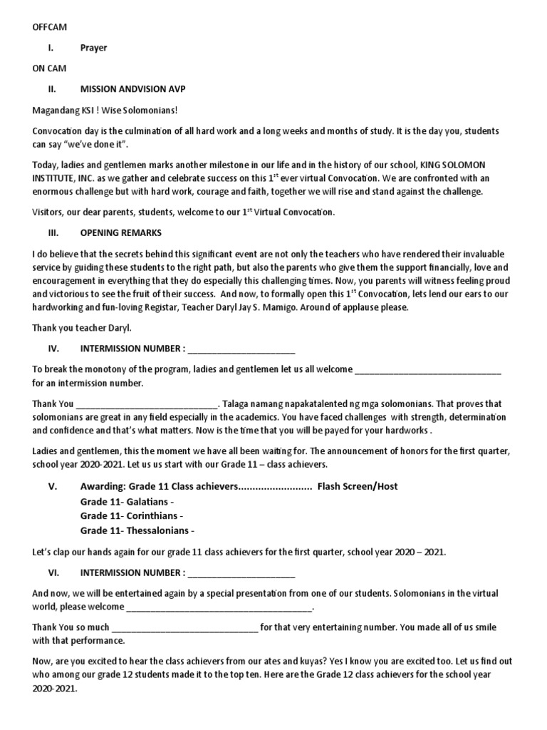 Virtual Convocation Script | PDF | Bible