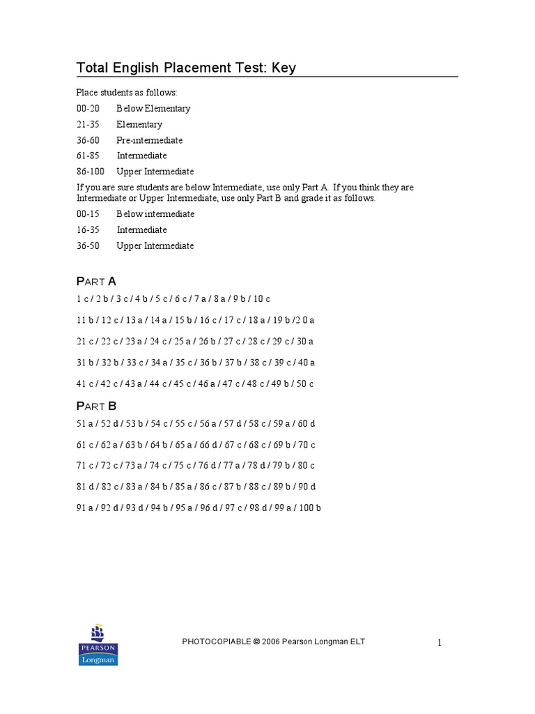 Total English Placement Test: Key: PHOTOCOPIABLE © 2006 Pearson Longman ...