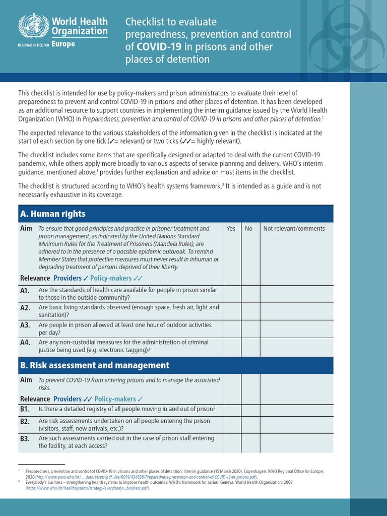 COVID-19 in Prisons and Other: Checklist To Evaluate Preparedness ...
