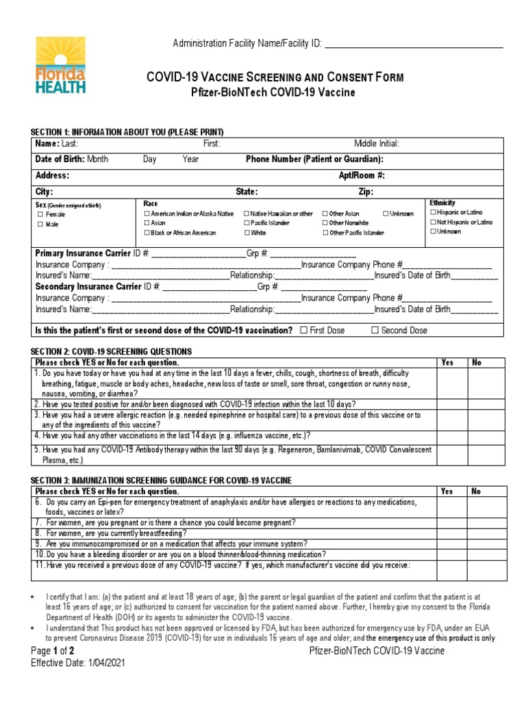COVID-19 Vaccine Pfizer Consent Form | PDF | Business