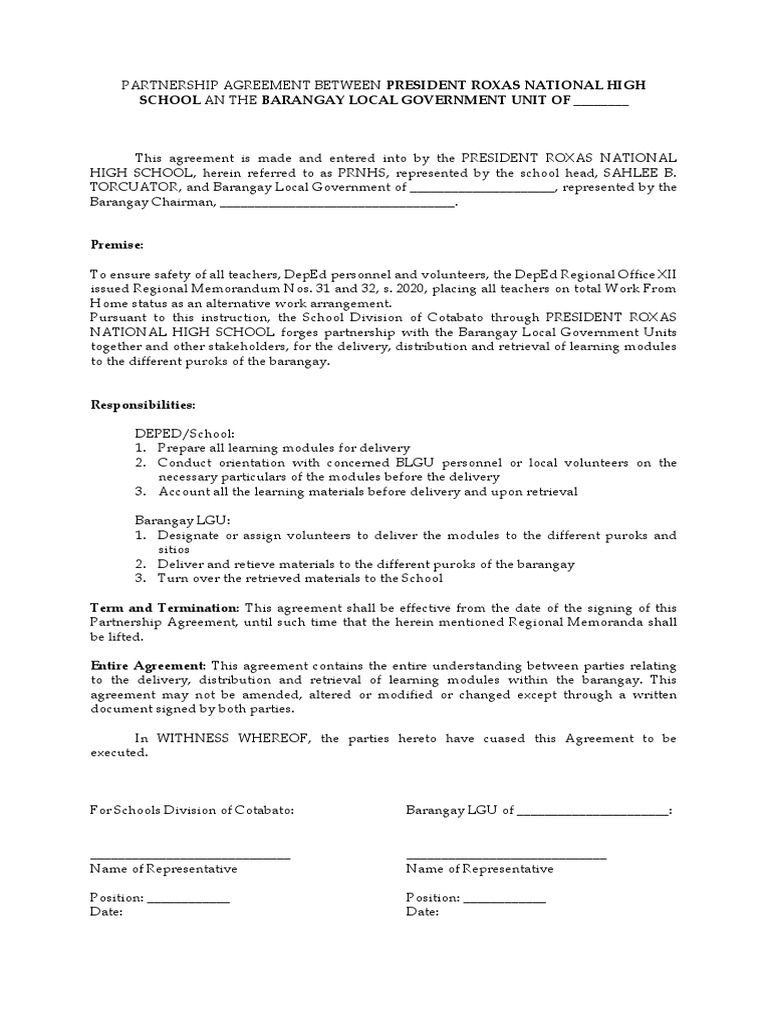 Agreement PRNHS To Blgu | PDF | Government