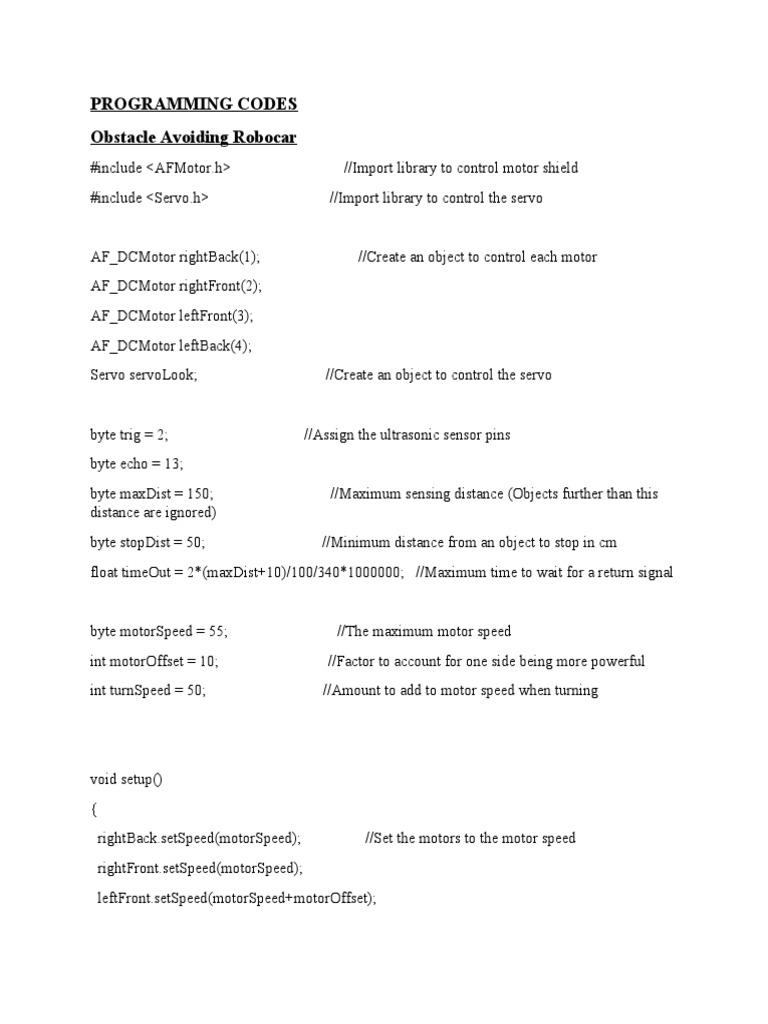 Programming Codes Obstacle Avoiding Robocar | PDF | Computer Programming | Computer Engineering