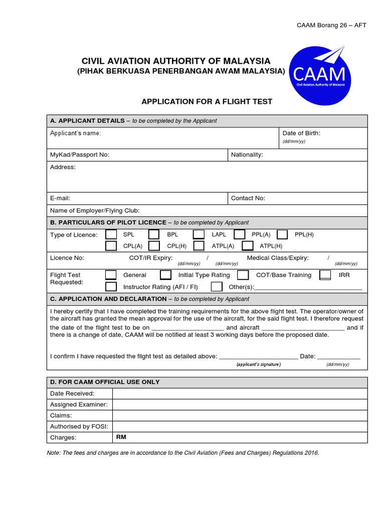 CAAM AFT Flight Test Application Form | PDF | Flight Instructor ...