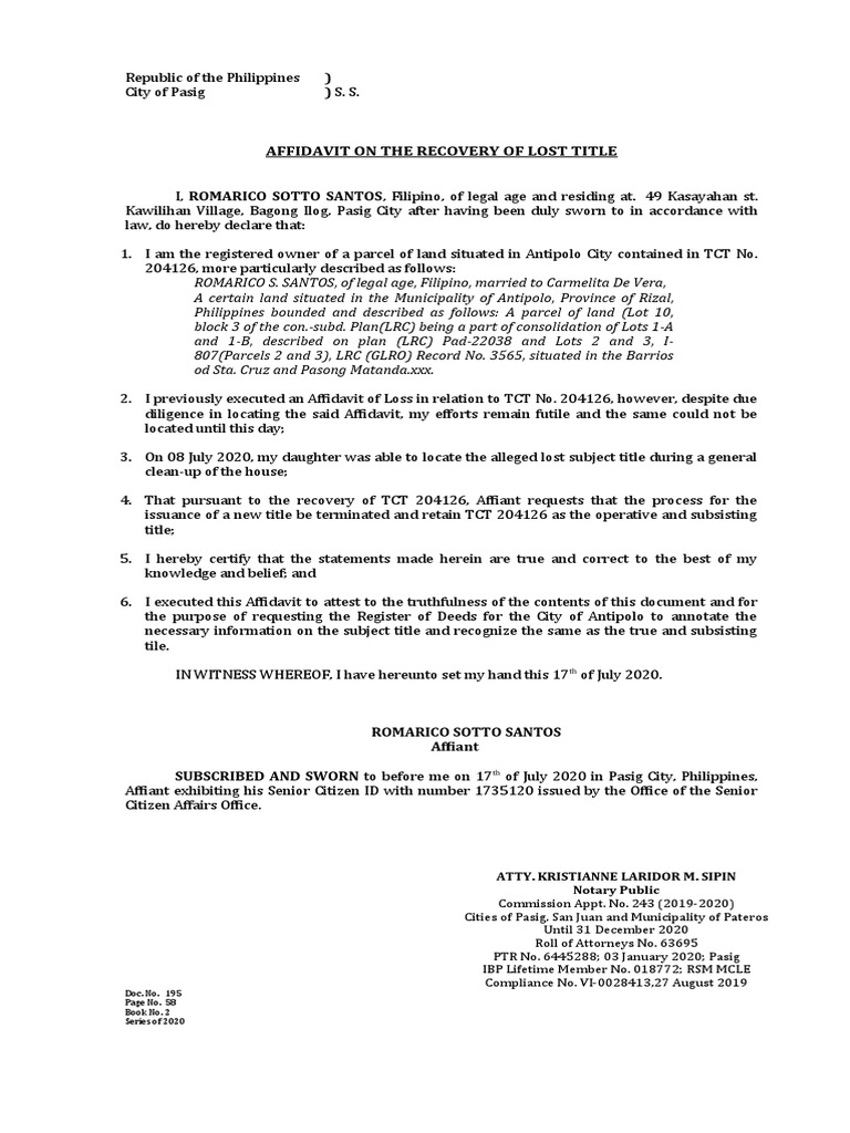 Affidavit for Recovery of Lost Title | PDF | Affidavit | Document