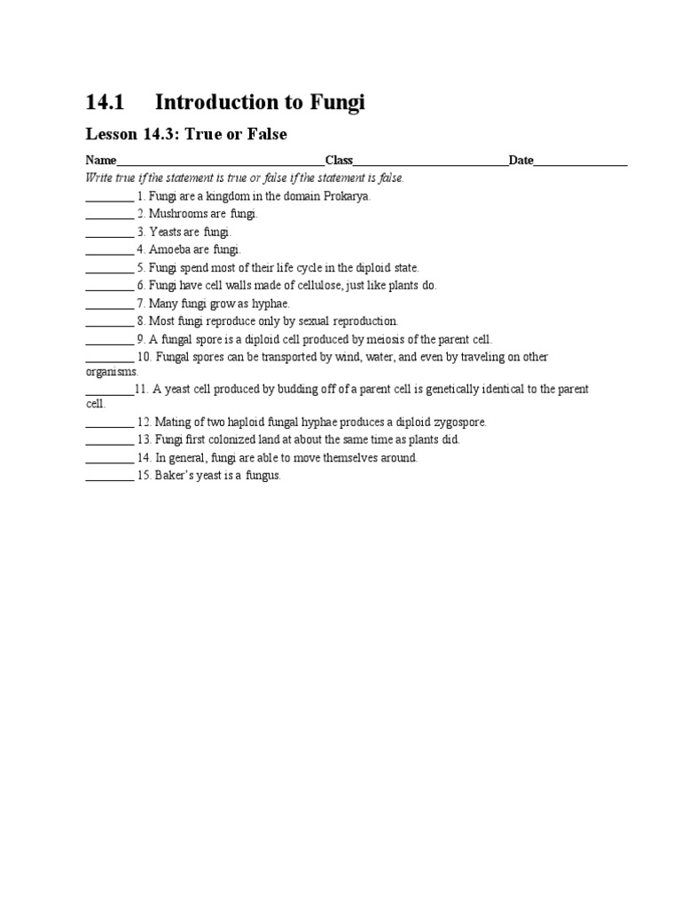 14.1 Introduction To Fungi: Lesson 14.3: True or False | PDF