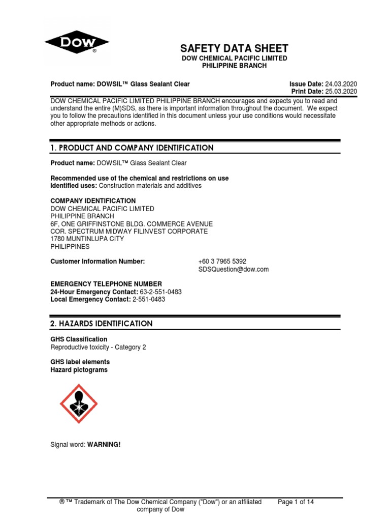 Dowsil Glass Sealant Clear SDS | PDF | Polyvinyl Chloride | Firefighting