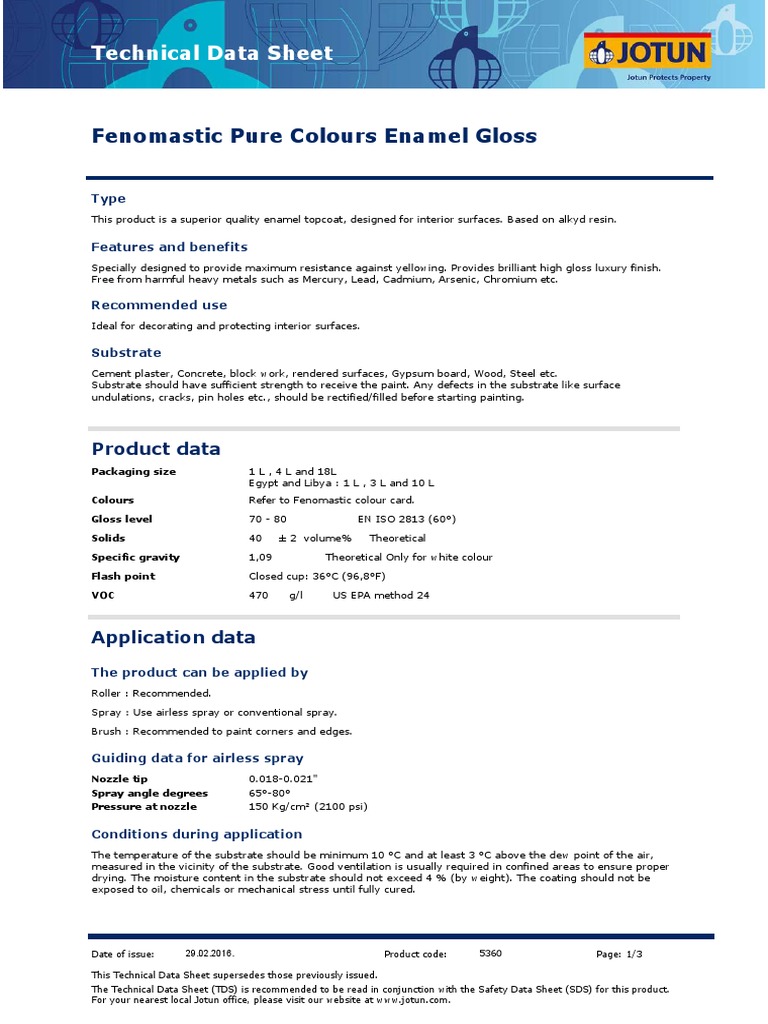 Jotun-Fenomastic Pure Colours Enamel Gloss TDS PDF | PDF | Paint ...