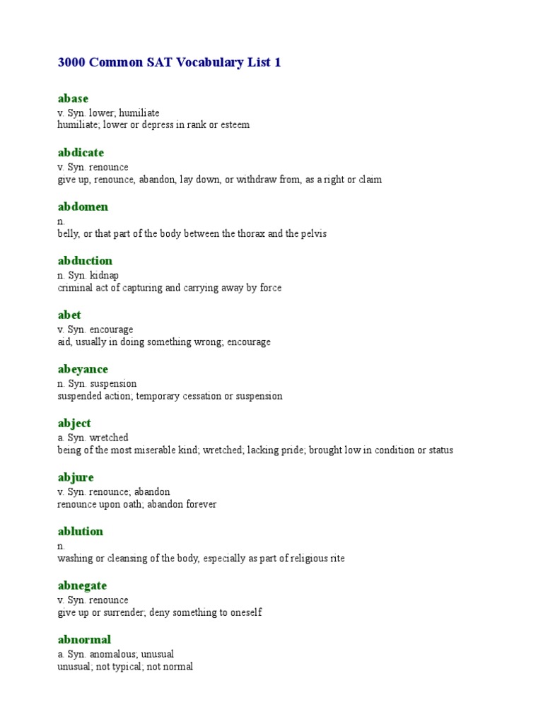 3000 Common SAT Vocabulary List 1: Abase | PDF