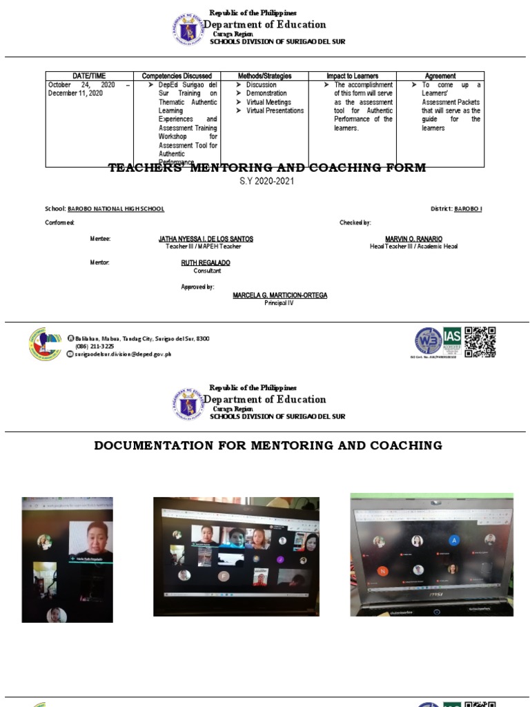 Teachers' Mentoring and Coaching Form: Department of Education | PDF ...