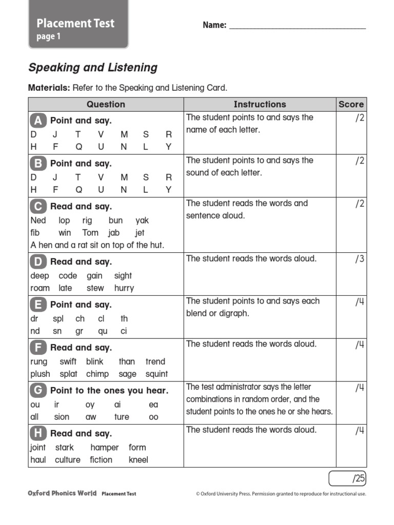 Placement Test: Speaking and Listening | PDF | Reading (Process)