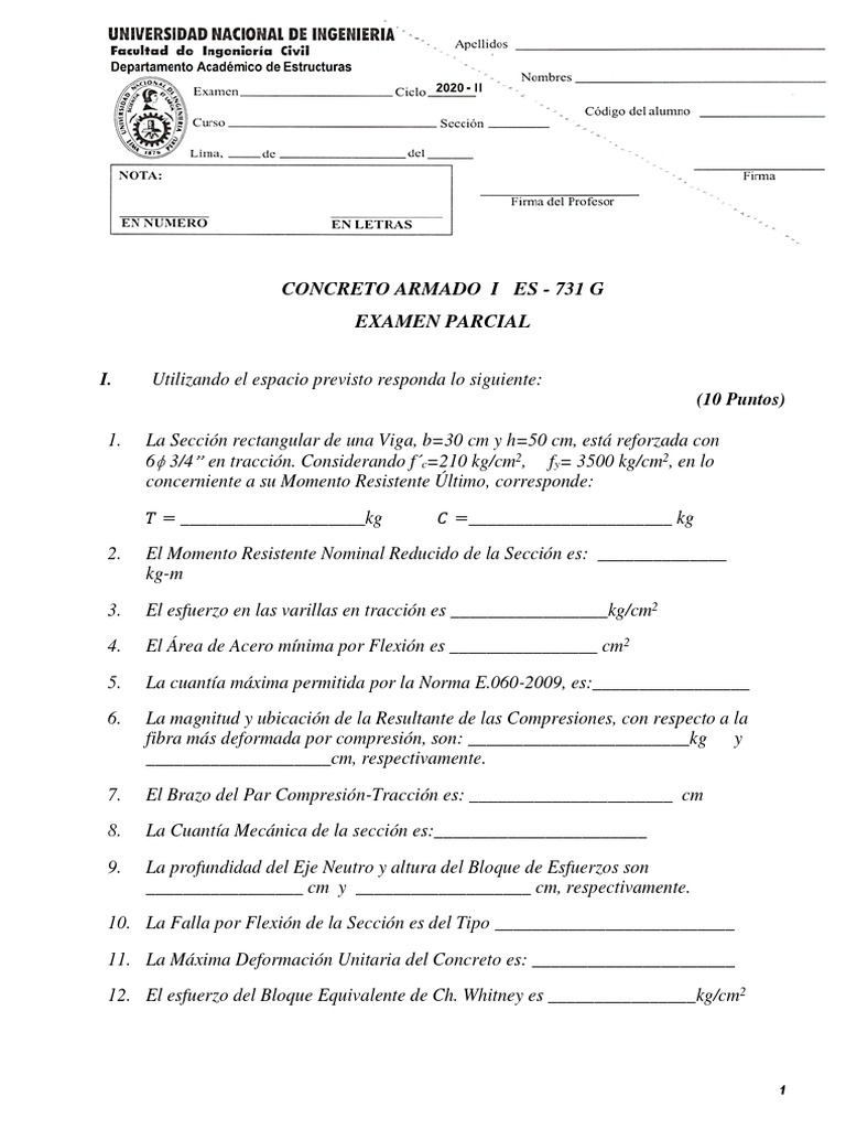 Examen Parcial Concreto 23-12-20 | PDF | Ingeniería estructural | Ingeniería de Edificación
