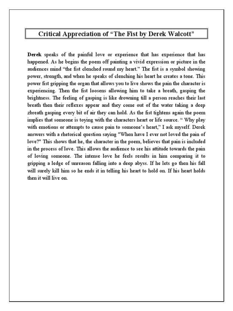 Poetry Analysis: Walcott's "The Fist" | PDF | Philosophy | Poetry