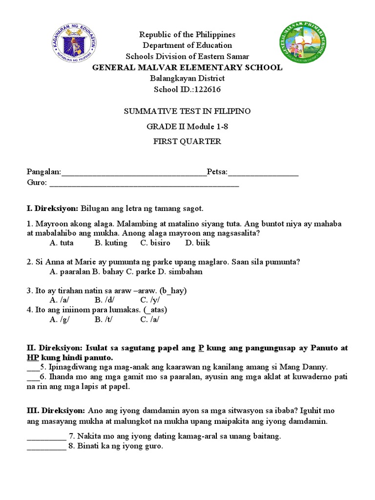 Summative Test in Filipino 2 Q1 | PDF