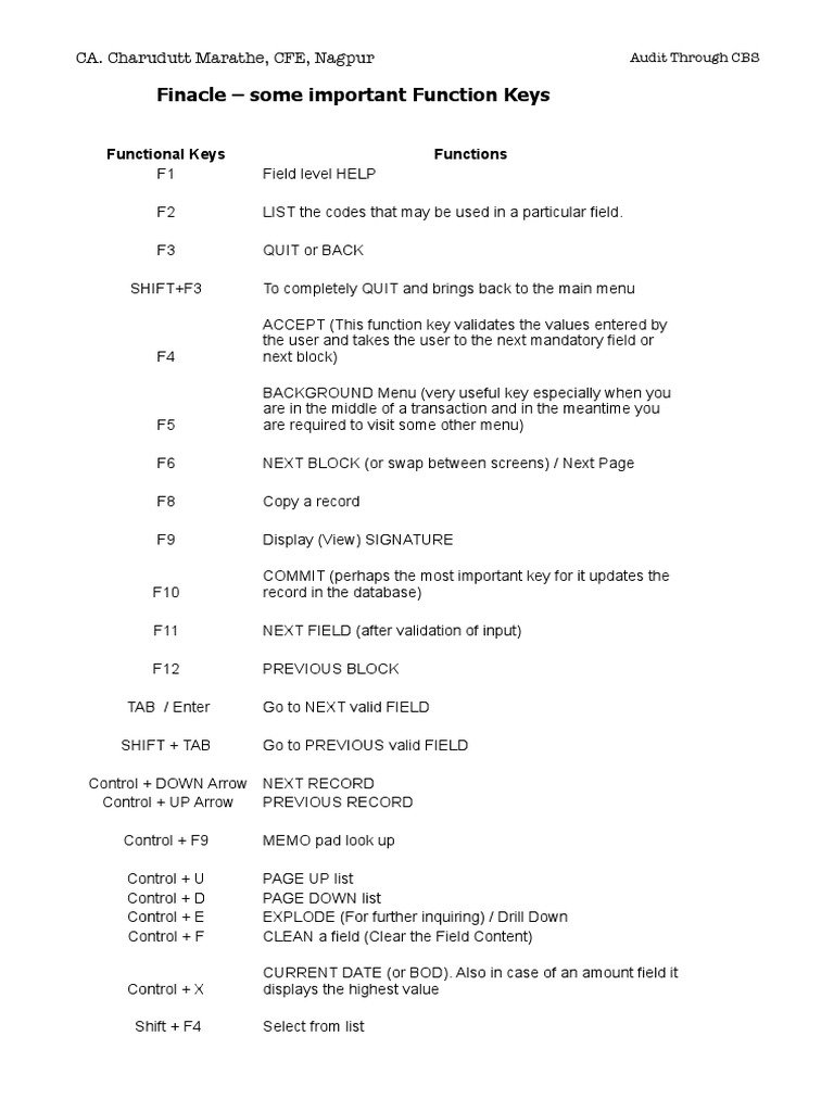 Finacle - Some Important Function Keys | PDF | Debits And Credits ...
