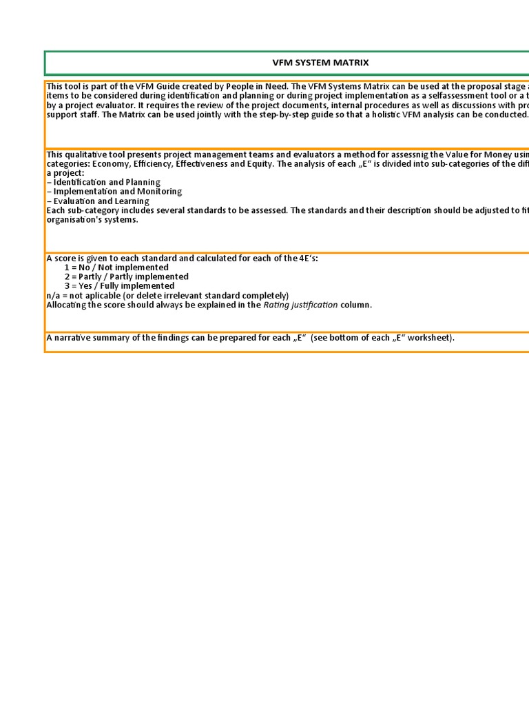VFM Systems Matrix Prefin | PDF | Needs Assessment | Procurement