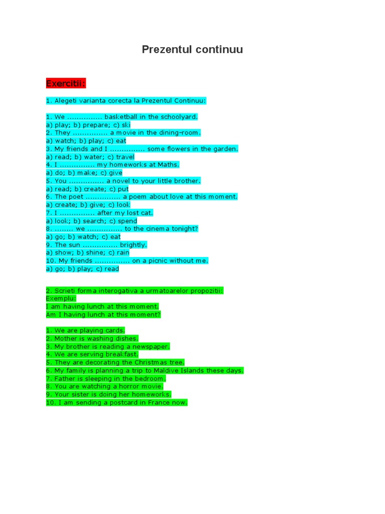 Prezentul Continuu: Exercitii | PDF
