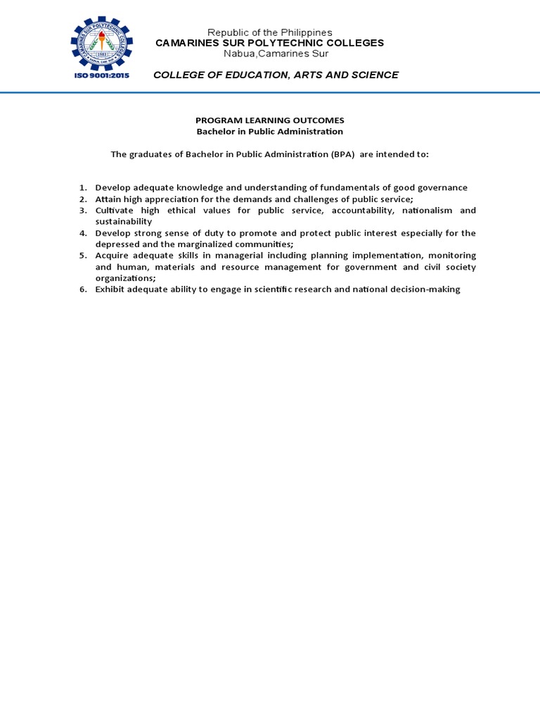 Program Learning Outcomes | PDF | Governance | Public Administration