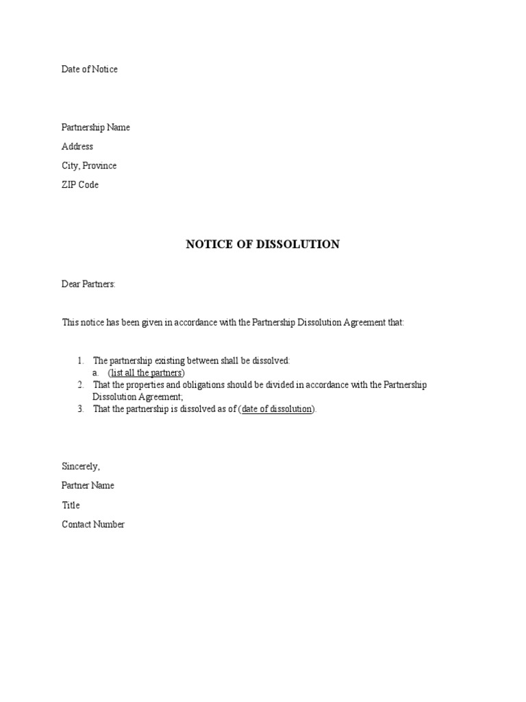 Notice of Dissolution Partnership | PDF