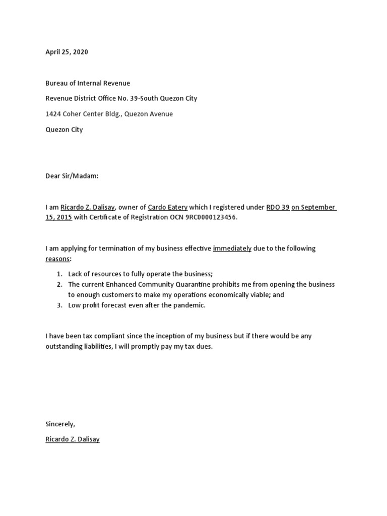 Business Closure Request to BIR | PDF | Finance & Money Management