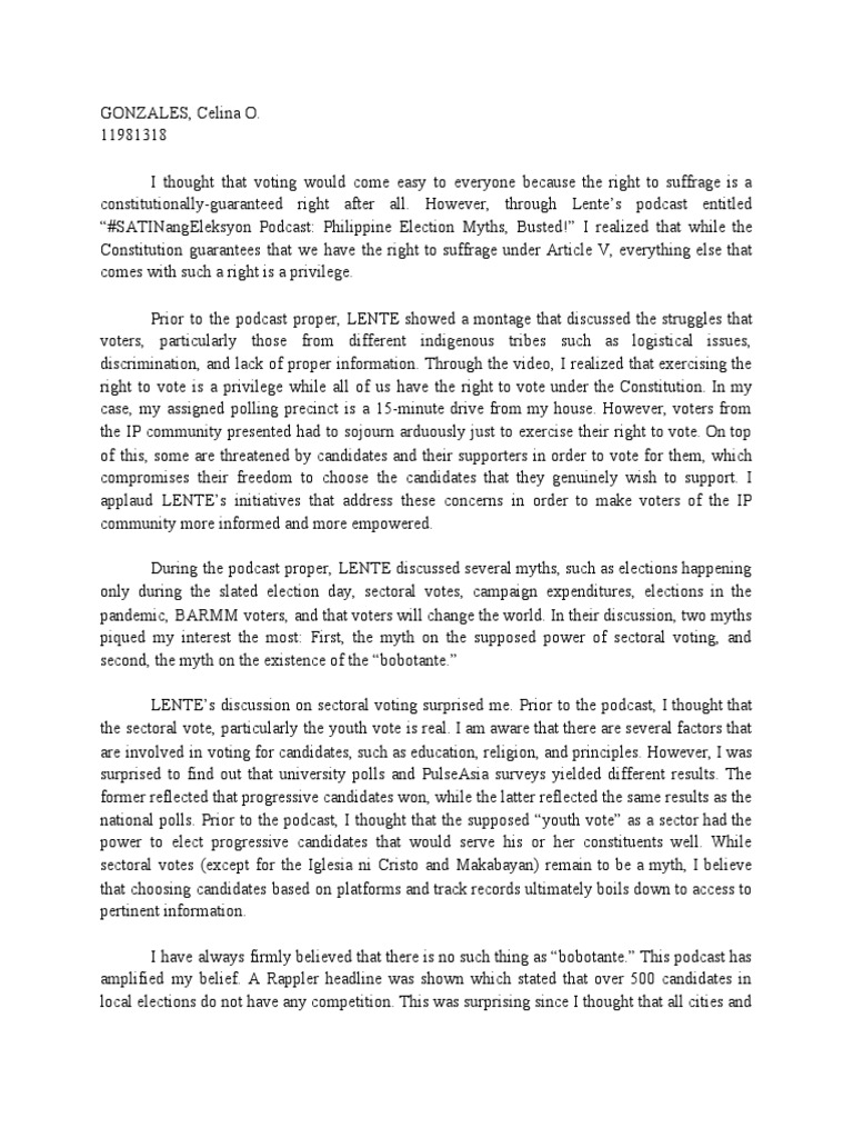 Reflection Paper - GonzalesC - 11981318 | PDF | Voting | Elections