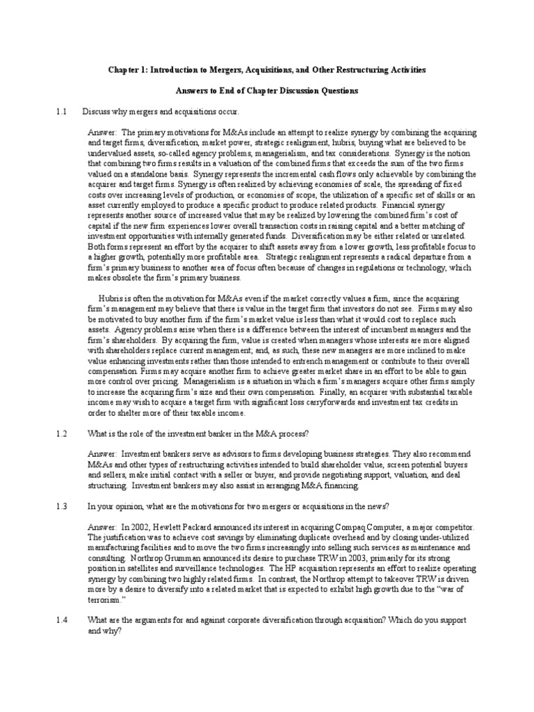 Chapter 1: Introduction To Mergers, Acquisitions, and Other Restructuring Activities Answers To ...