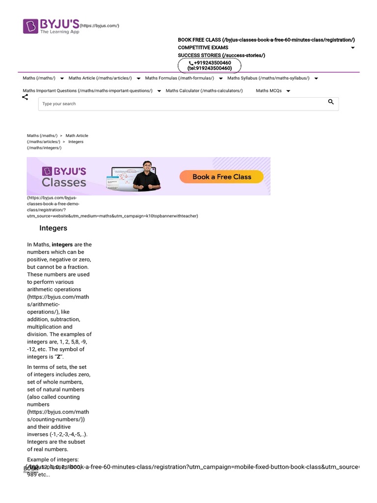 Integers (Definition, Numbers, Rules, Symbol & Examples) | PDF ...