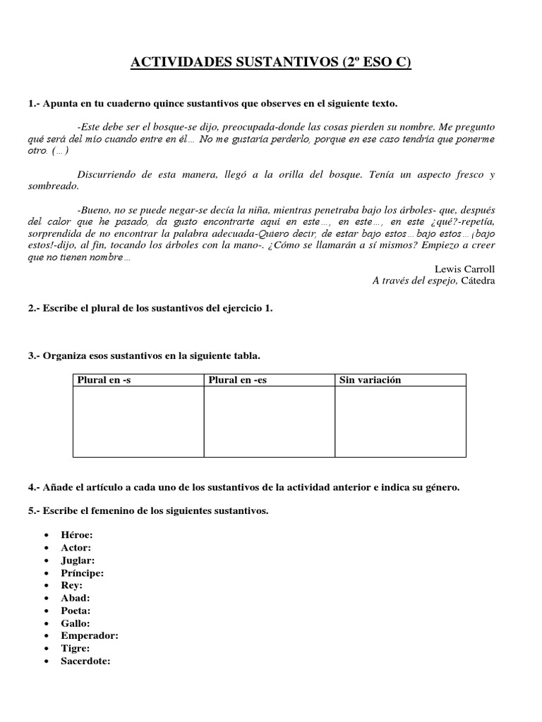 Activdades Sustantivos (2º ESO) | PDF