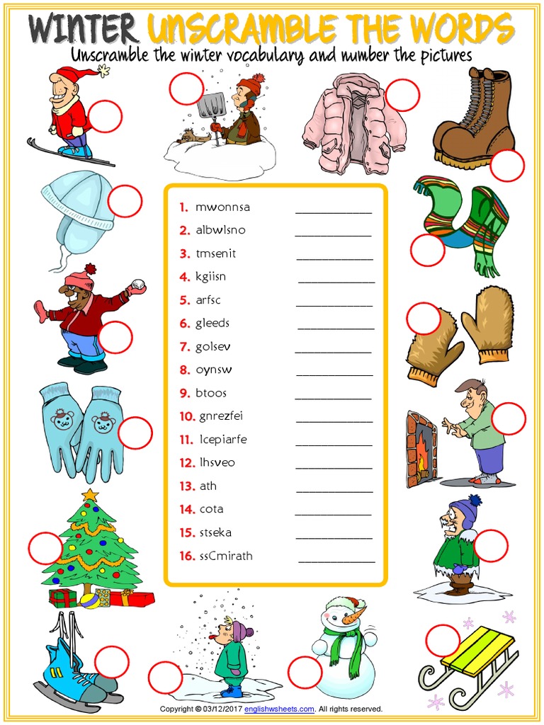 Winter Vocabulary Esl Unscramble The Words Worksheet For Kids | PDF ...