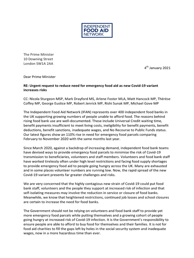 The Prime Minister 10 Downing Street London SW1A 2AA | PDF | Food Bank ...