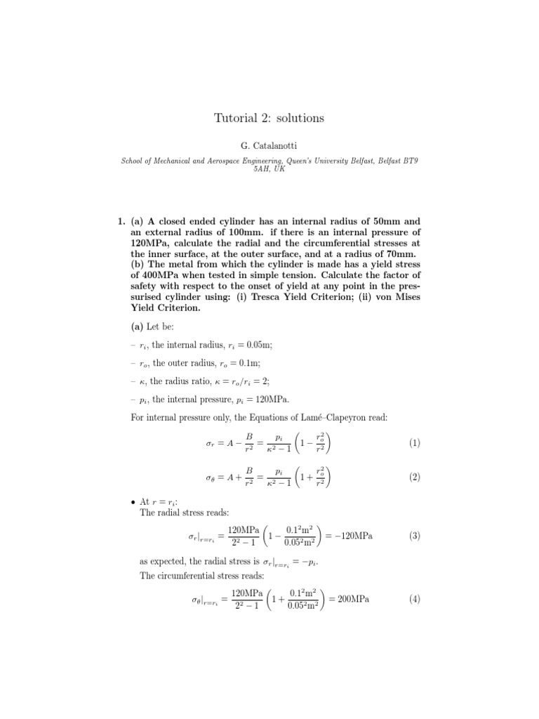 Tutorial 2: Solutions: School of Mechanical and Aerospace Engineering, Queen's University ...