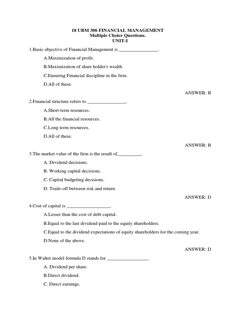 Financial Management MCQs and Answers | PDF | Financial Capital | Cost ...