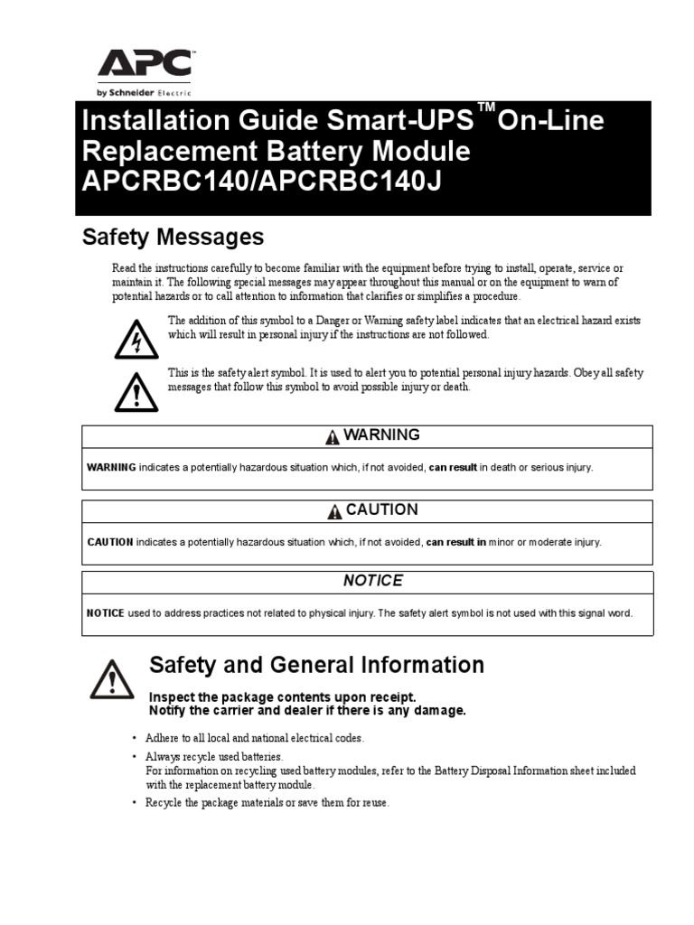 Installation Guide Smart-UPS On-Line Replacement Battery Module ...