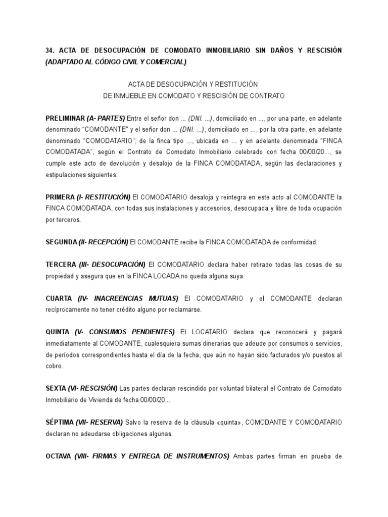 Acta de Desocupación de Comodato Inmobiliario Sin Daños y Rescisión | PDF
