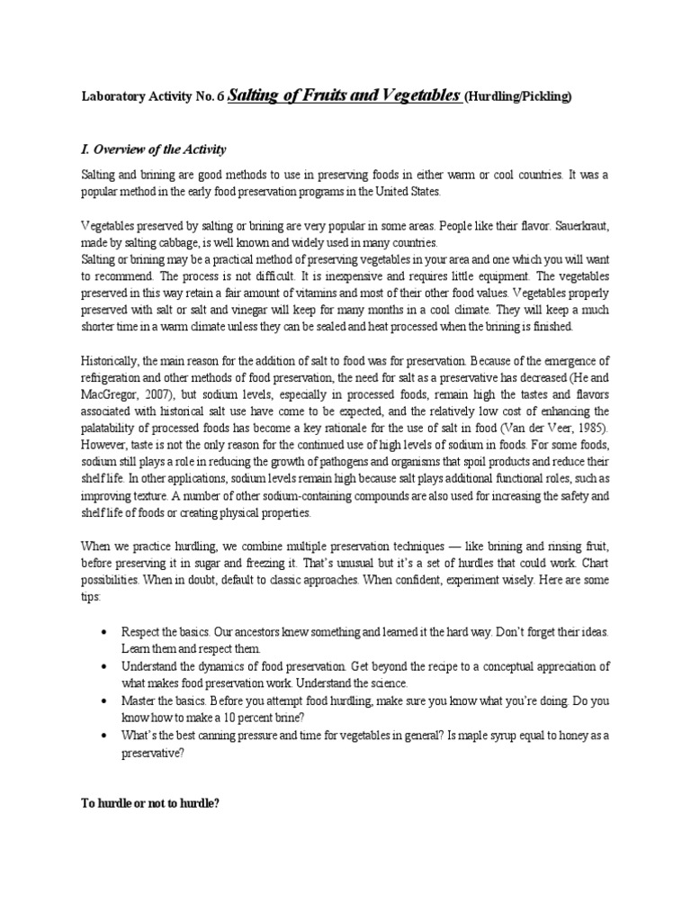 Salting of Fruits and Vegetables: I. Overview of The Activity | PDF ...