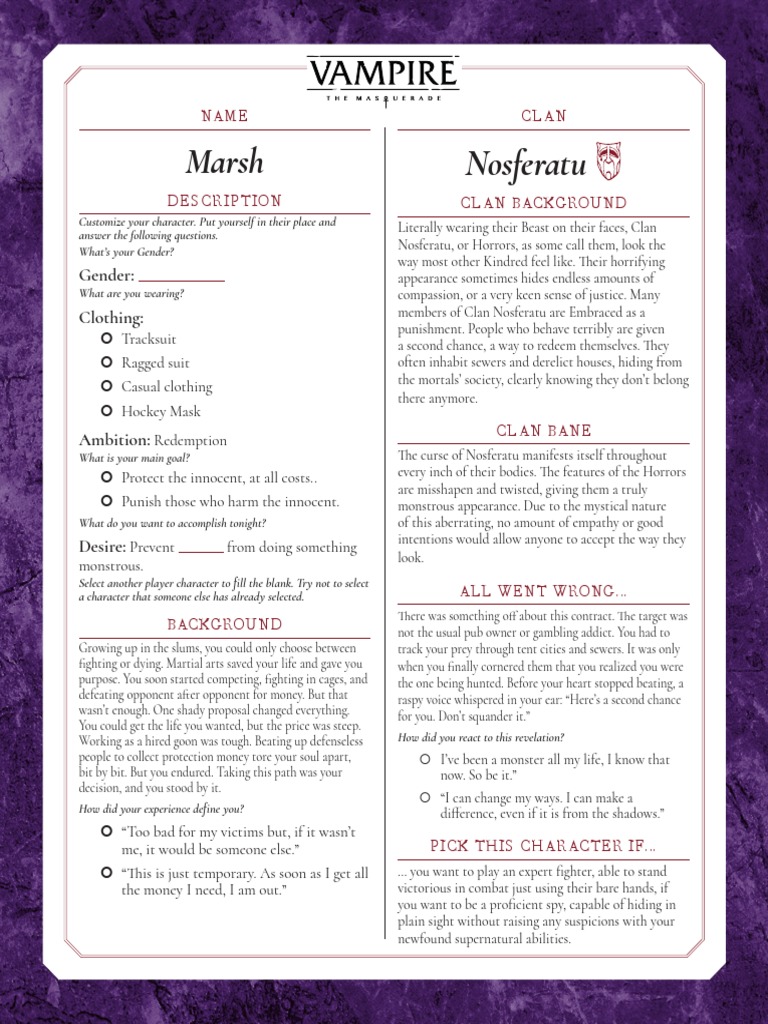 V5 Starter Set - Character Sheet - Marsh | PDF | Leisure