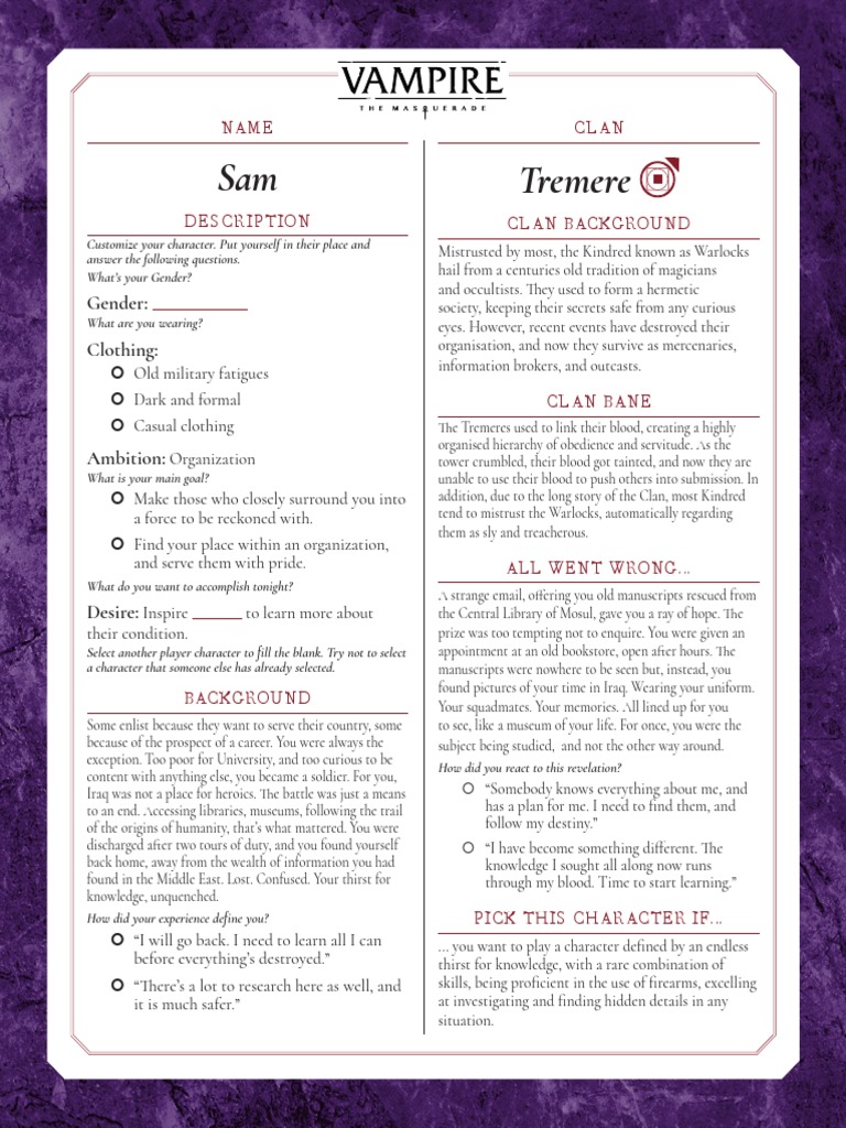 V5 Starter Set - Character Sheet - Sam | PDF | Psychological Concepts