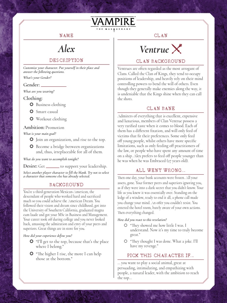 V5 Starter Set - Character Sheet - Alex PDF | PDF | Human Nature | Psychological Concepts