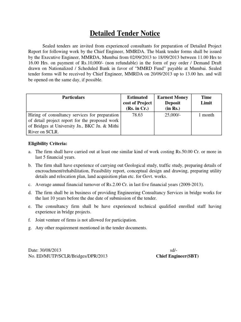 Detailed Tender Notice: Particulars Estimated Cost of Project (Rs. in ...