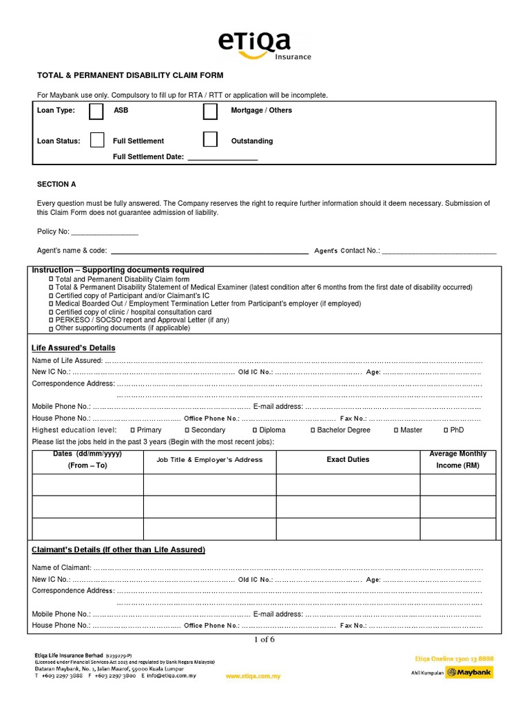 07 TOTAL PERMANENT DISABILITY Claim Form V1.0 2018 | PDF | Transaction ...