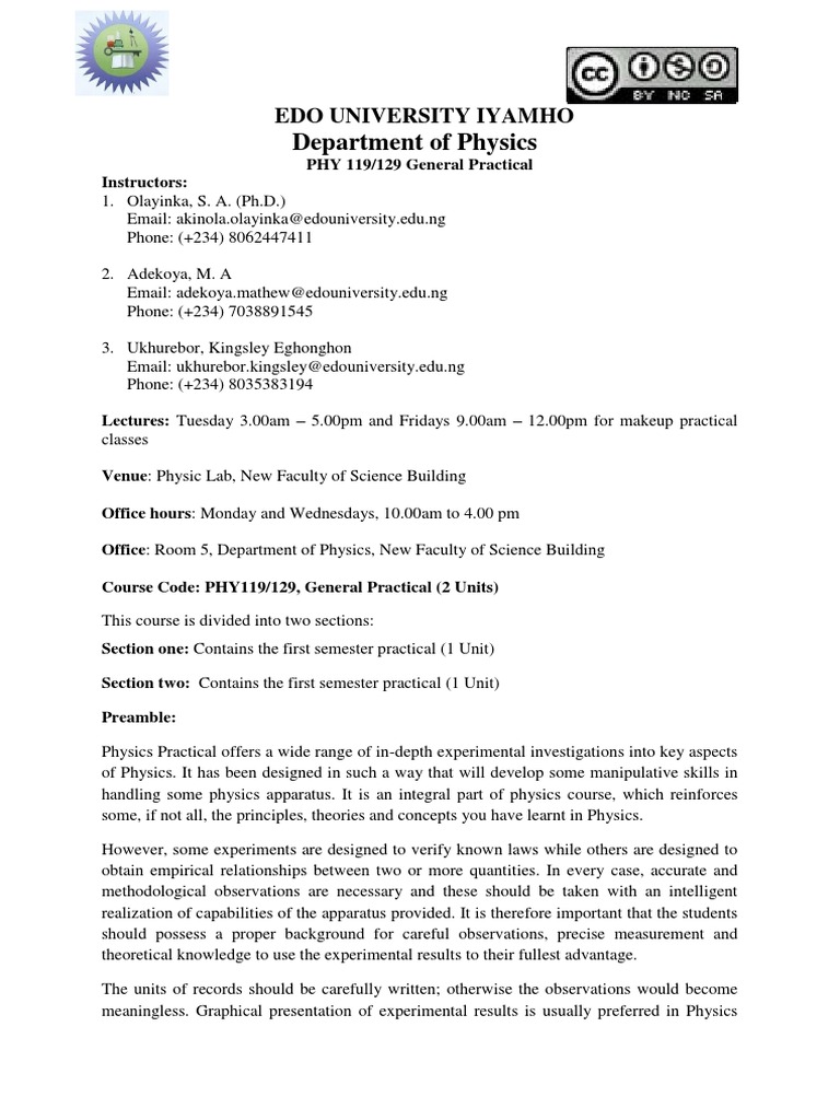 PHY 119 General Practical Syllabus | PDF | Observational Error ...