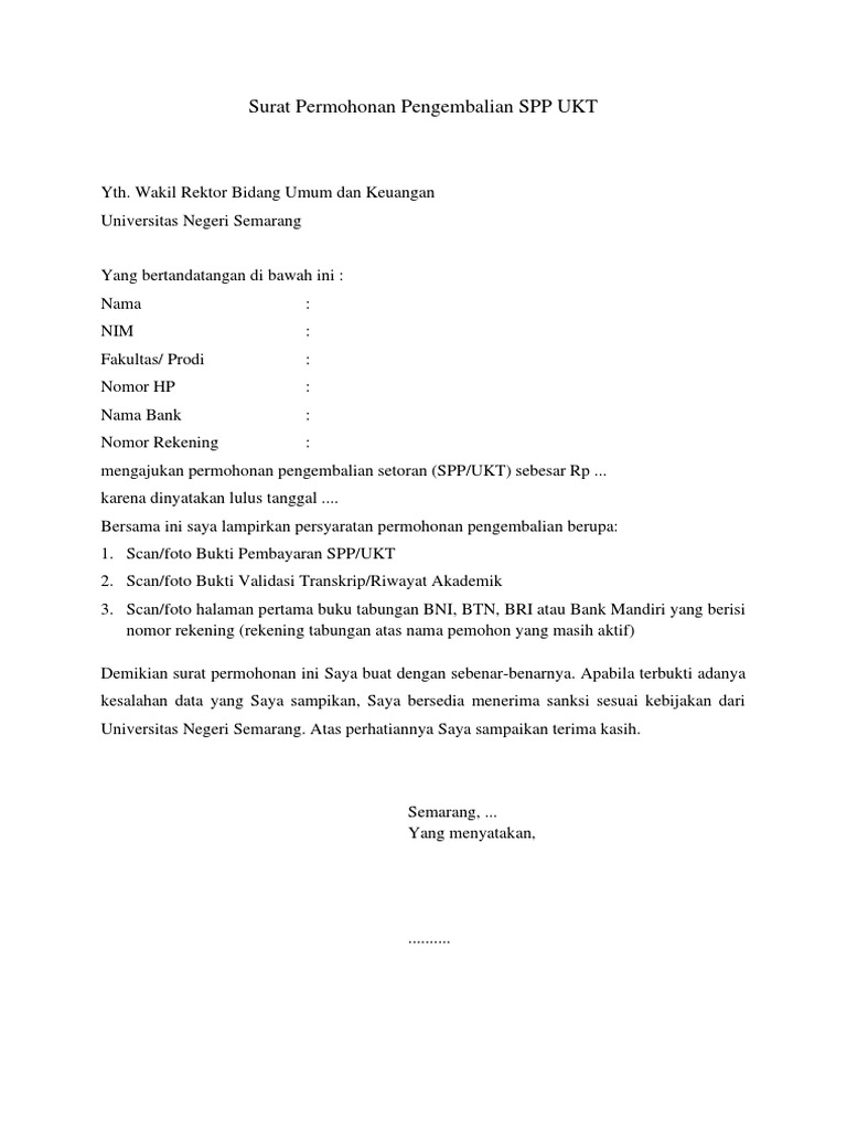 Surat Permohonan Pengembalian SPP UKT 2020 PDF | PDF