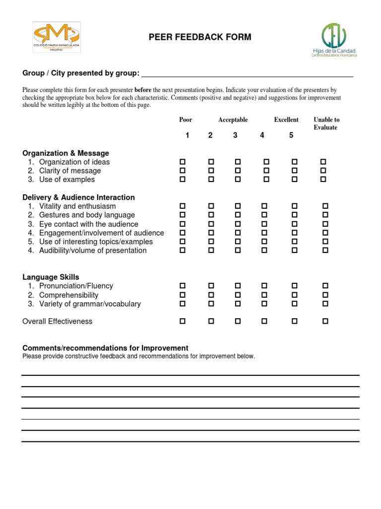 Peer Feedback Form for Presentations | PDF | Body Language ...