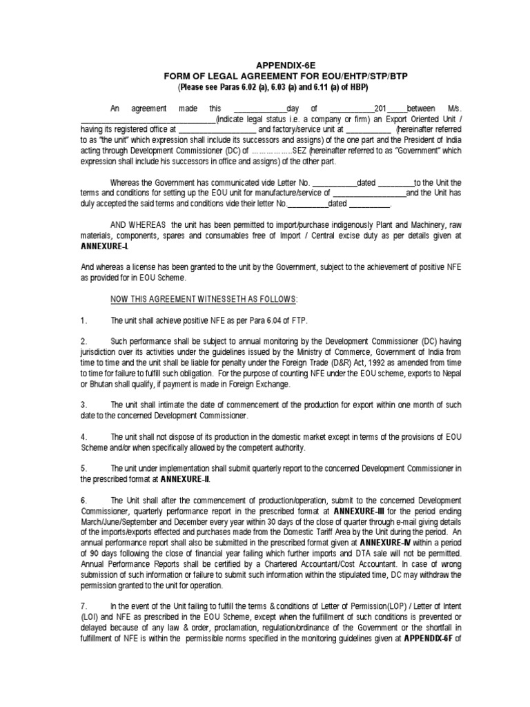 Appendix-6E Form of Legal Agreement For Eou/Ehtp/Stp/Btp | PDF ...