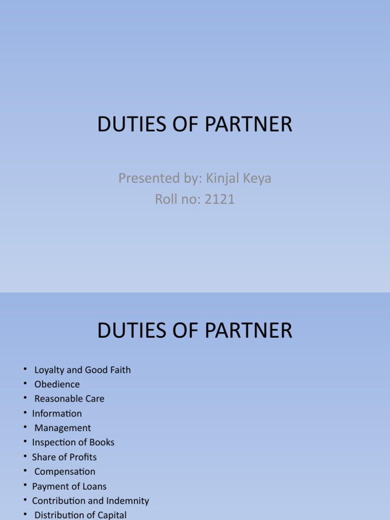 Duties of Partner: Presented By: Kinjal Keya Roll No: 2121 | PDF ...