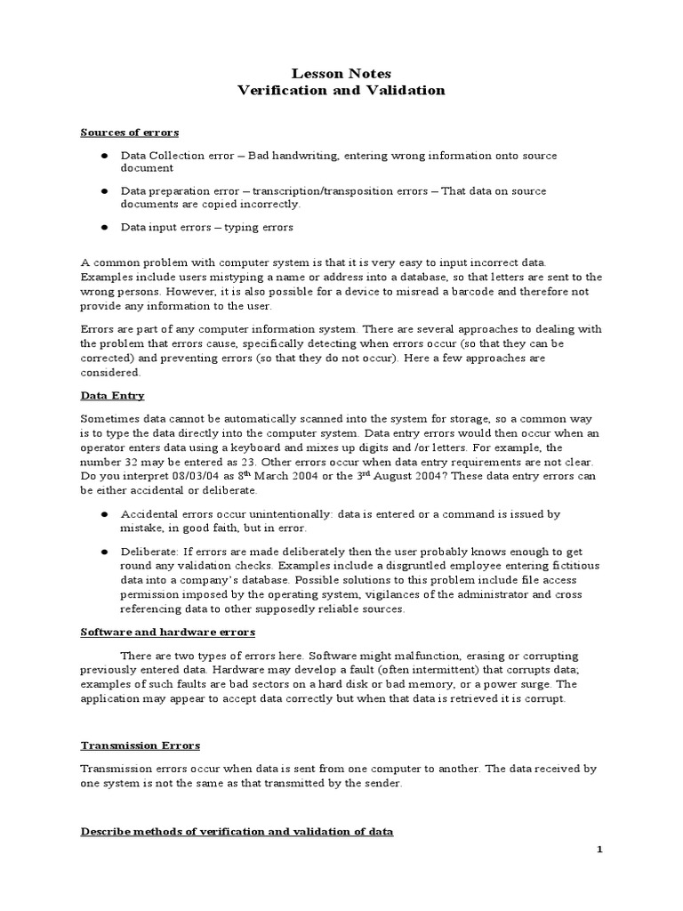 Lesson Notes - Validation & Verification | PDF | Verification And ...