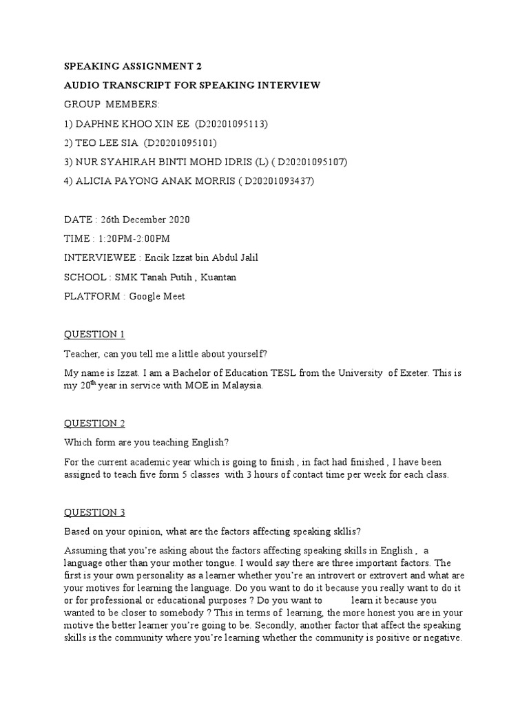Full Audio Transcript For Speaking Interview | Download Free PDF ...