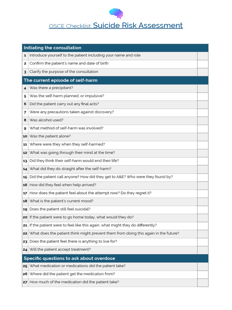 Suicide Risk Assessment: OSCE Checklist | Download Free PDF ...